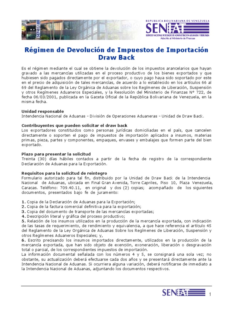Regimen DRAW BACK Instructivo SENIAT | PDF | aduana | Impuestos
