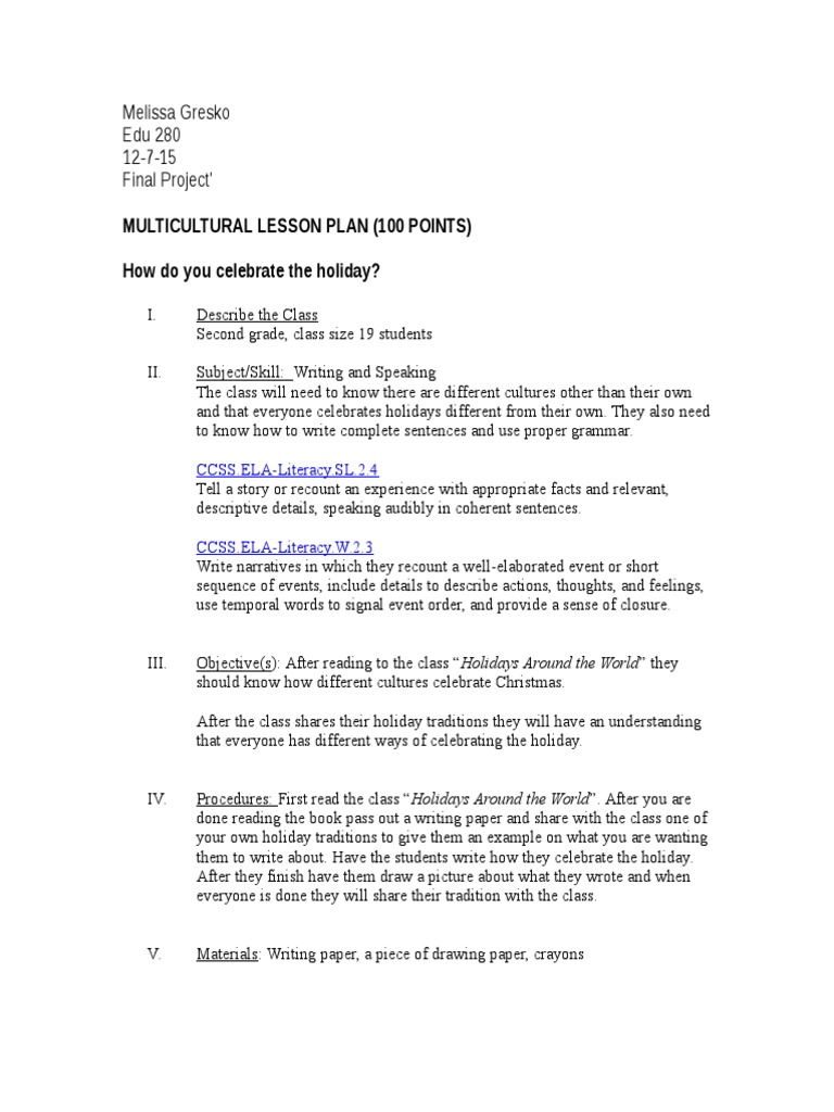 Multicultural Lesson Plan (100 Points) How Do You Celebrate The Holiday ...