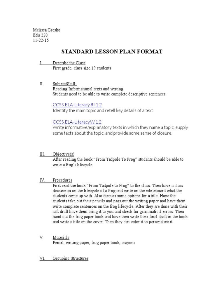 Standard Lesson Plan Format: CCSS - ELA-Literacy - RI.1.2 CCSS - ELA ...