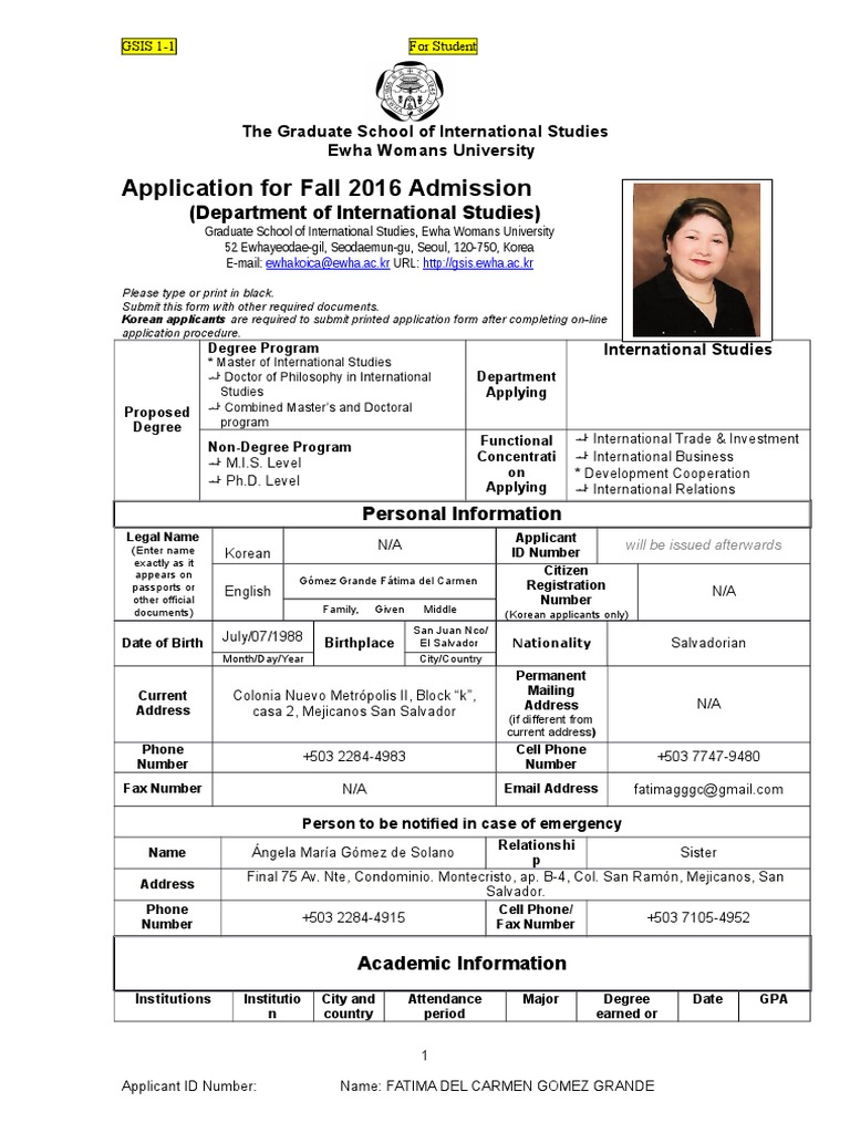 (Form 2) Ewha GSIS Application Form Completed | PDF | Graduate School ...