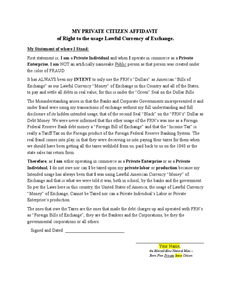 AFFIDAVIT of Right to Lawful Currency of Exchange Template 1 1 | Taxes ...