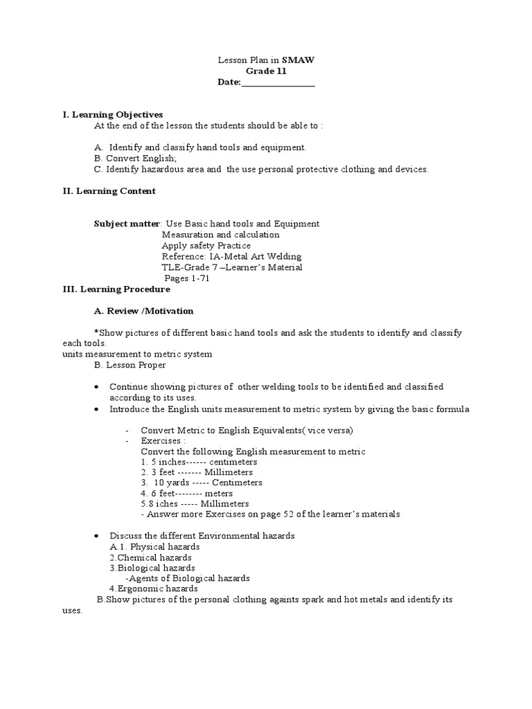 Lesson Plan in SMAW | PDF | Lesson Plan | Foot (Unit)