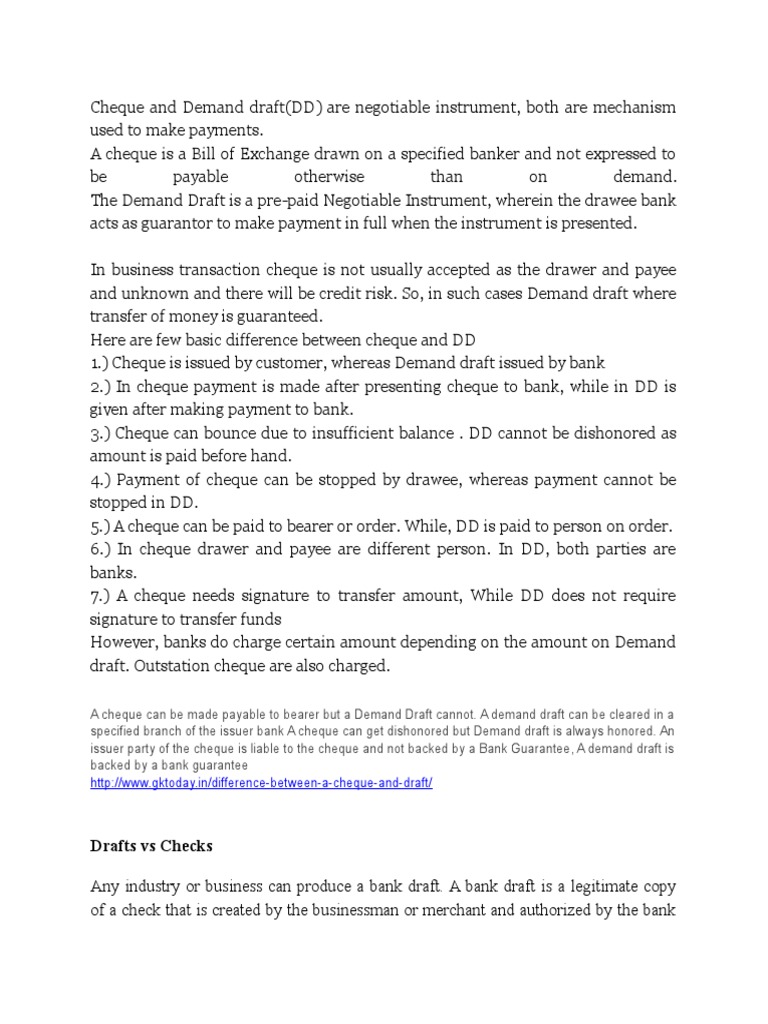 Check vs Draft | Negotiable Instrument | Cashier's Check