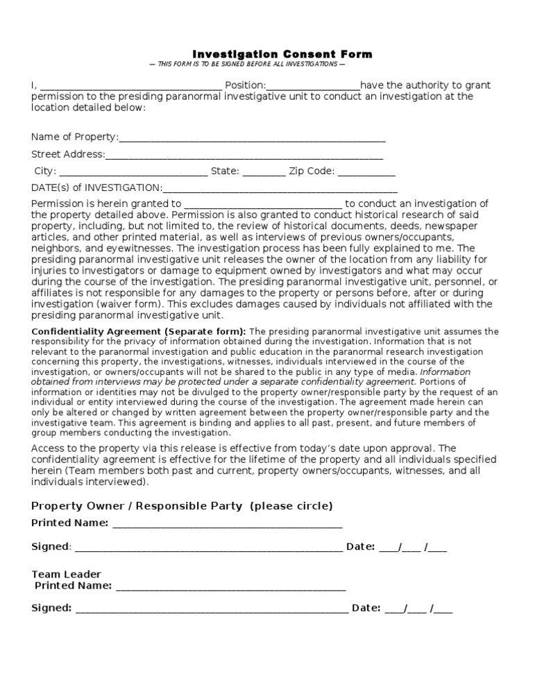 General Investigation Consent Form For Mypara4 Pdf Ghost Hunting
