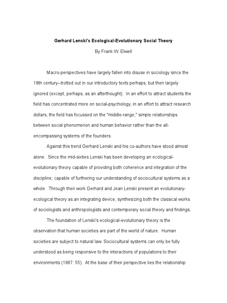 Gerhard Lenski's Ecological-Evolutionary Social Theory | PDF ...