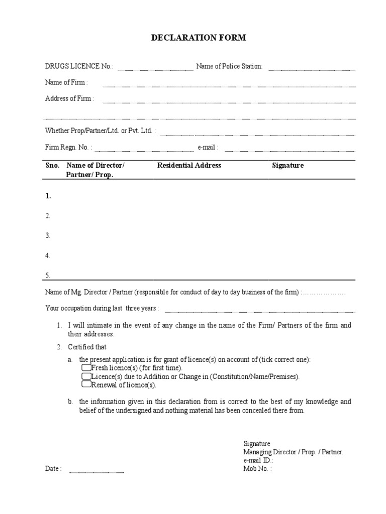 Declaration Form: Sno. Name of Director/ Partner/ Prop. Residential ...