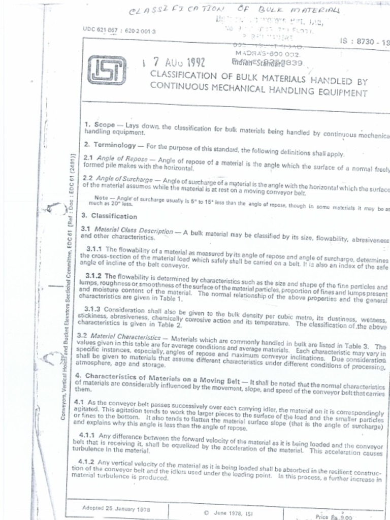IS 8730 - Classification of Bulk Material | PDF