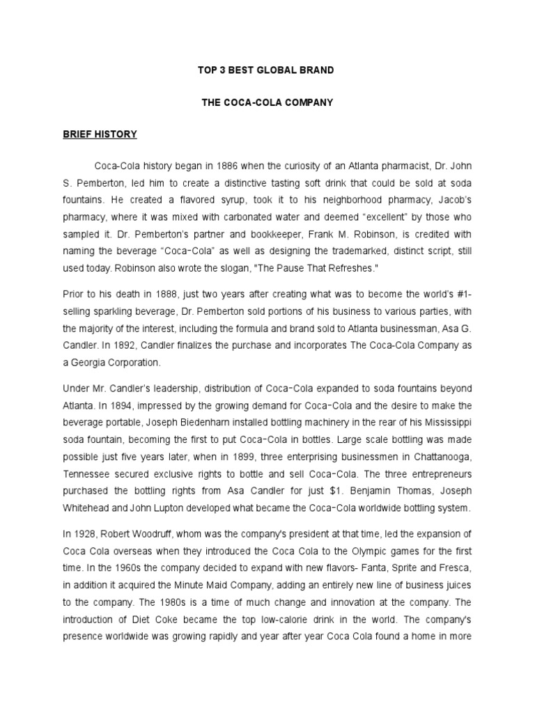 Top 3 Best Global Brand The Coca-Cola Company Brief History | PDF