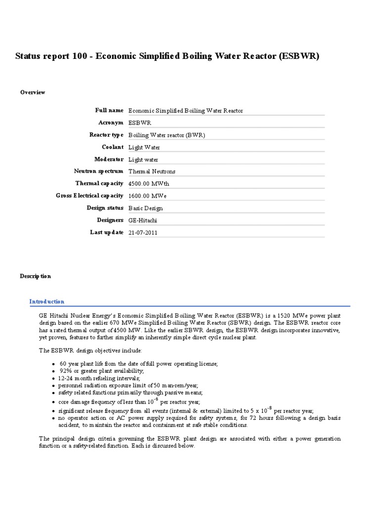 Status Report 100 - Economic Simplified Boiling Water Reactor (ESBWR ...