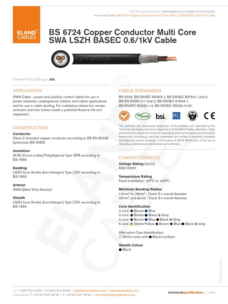 Bs 6724 Copper Conductor Multi Core Swa LSZH Basec 0 6 1 KV Cable | PDF ...