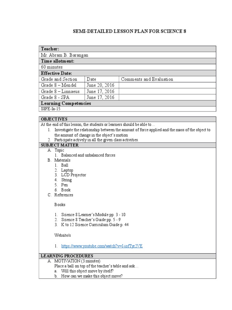 Grade 8 Science Lesson Plan: Forces | PDF