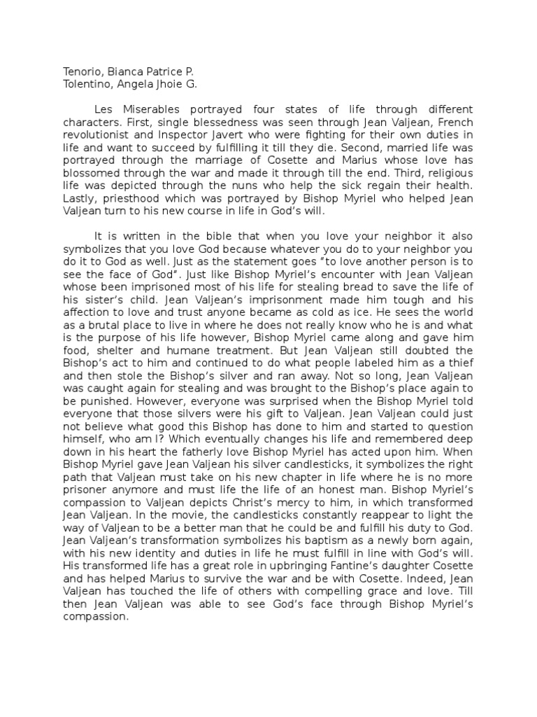 Les Miserables Reflection Paper | PDF | Cosette | Les Misérables