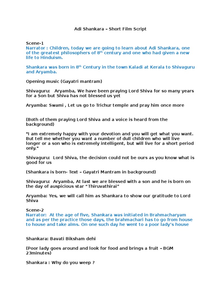 Adi Shankara Short Film Script | PDF | Advaita Vedanta | Indian Religions
