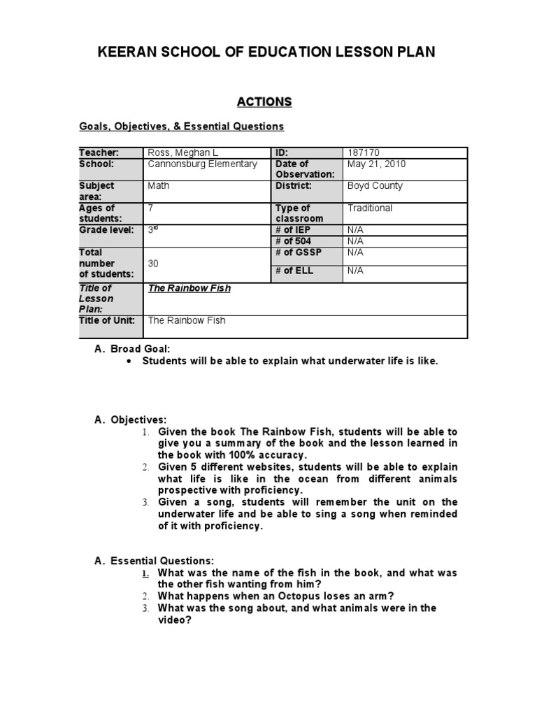 The Rainbow Fish Lesson Plan | PDF | Reading Comprehension | Learning