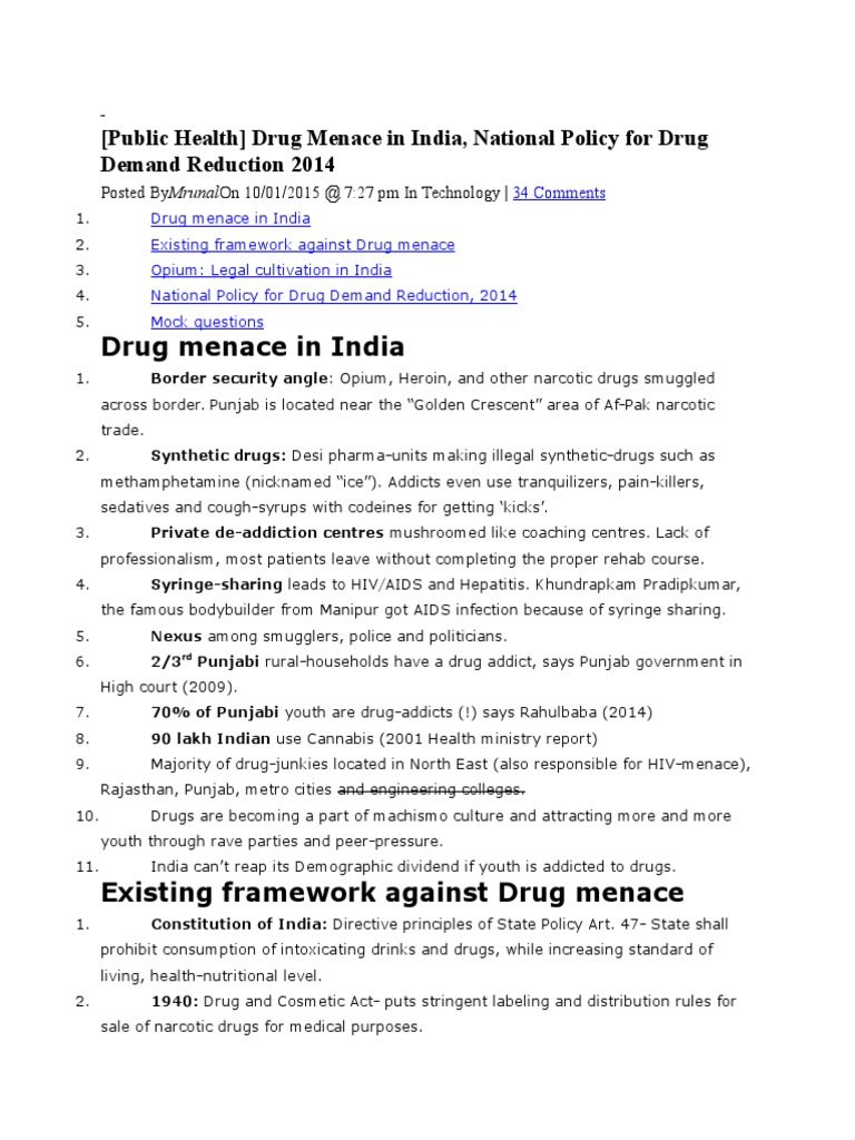 (Public Health) Drug Menace in India, National Policy For Drug Demand ...
