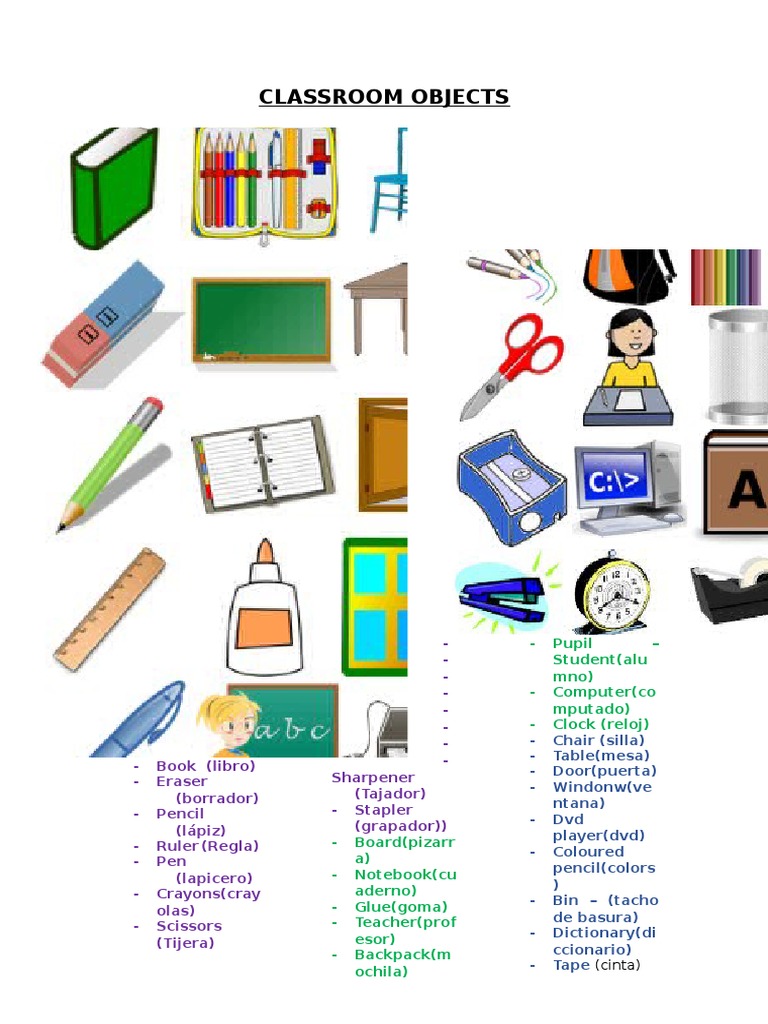 Classroom Objects: - Sharpener (Tajador) - Stapler (Grapador) ) | PDF
