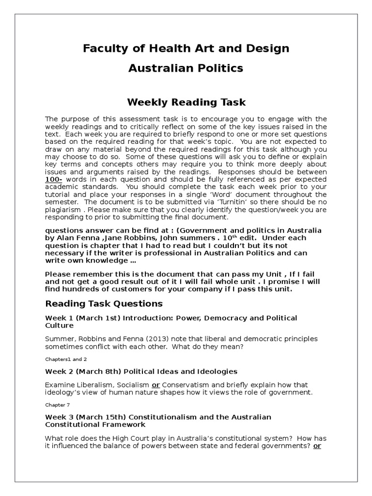 Australian Politics-Reading Task Questions | PDF | Australian Labor ...