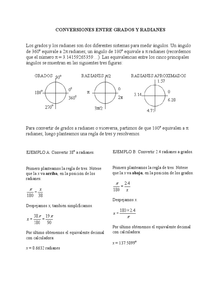 Conversiones Entre Grados y Radianes | PDF | Trigonometría | Geometría ...