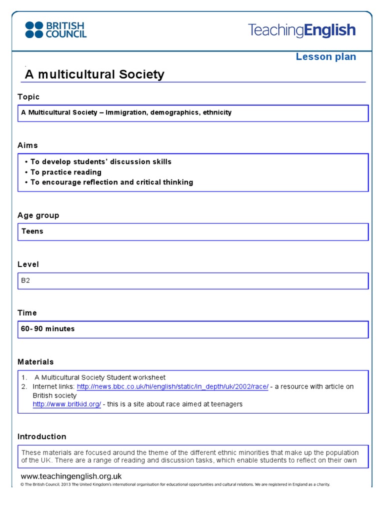 A Multicultural Society Lesson Plan | PDF | Multiculturalism | Lesson Plan