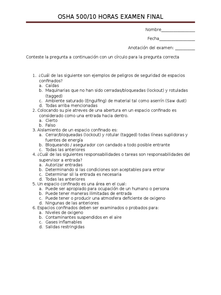 Test 2-OSHA 500-Horas Examen Final | PDF | Oxígeno | Aluminio