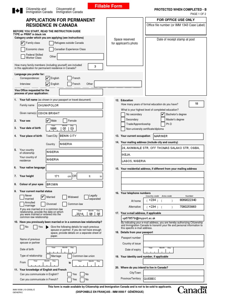 Permanent Residence Application Form - IMM 0008-Generic | PDF ...