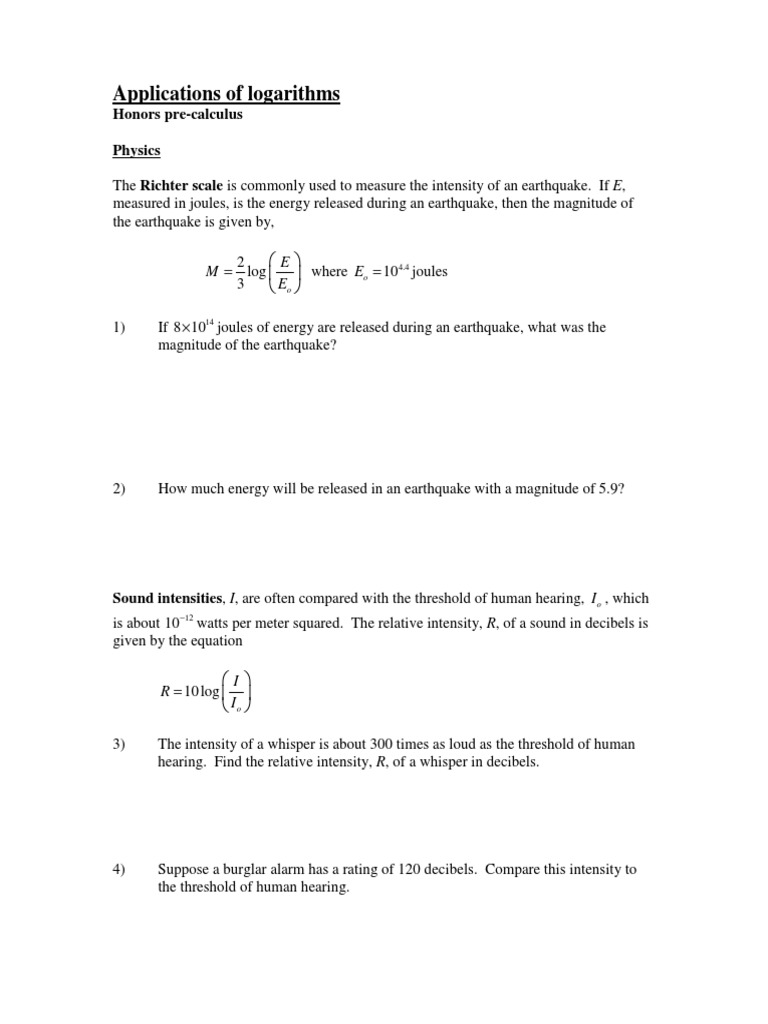 Worksheet - Logarithm Applications | PDF | Ph | Logarithm