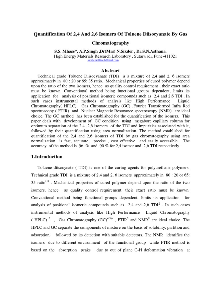 Quantification of 2,4 and 2,6 Isomers of Toluene Diisocyanate by Gas ...