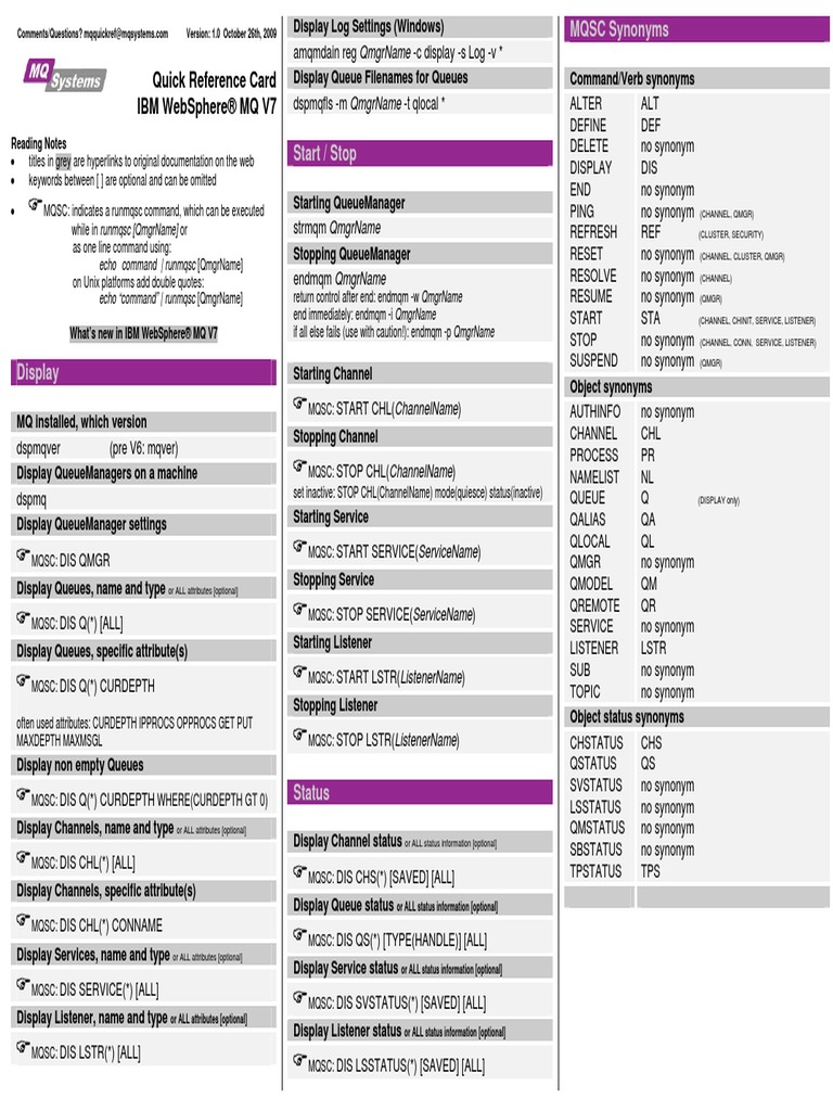 WMQV7 QuickReference | PDF | Operating System Technology | Computer Data