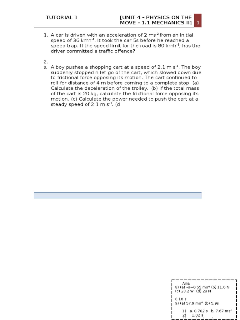 Tutorial 1 (Unit 4 - Physics On The Move - 1.1 Mechanics Ii) | PDF | Physical Sciences | Force