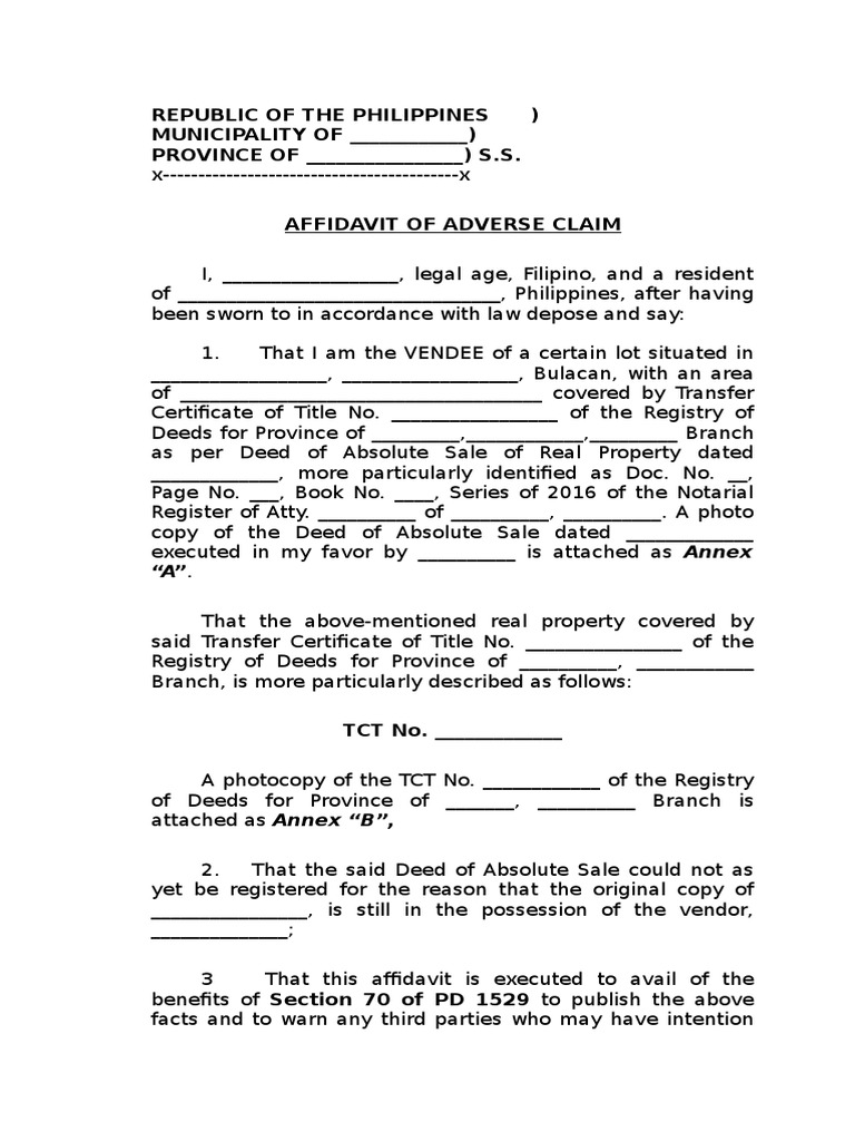 Affidavit of Adverse Claim Sample | PDF