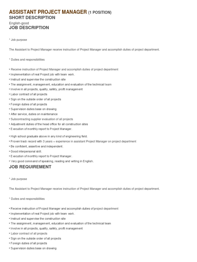 Assistant Project Manager 1@cmed Construction | Download Free PDF ...
