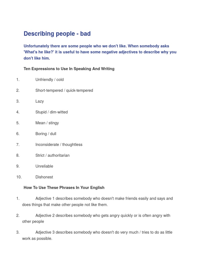 Describing People - Bad | PDF