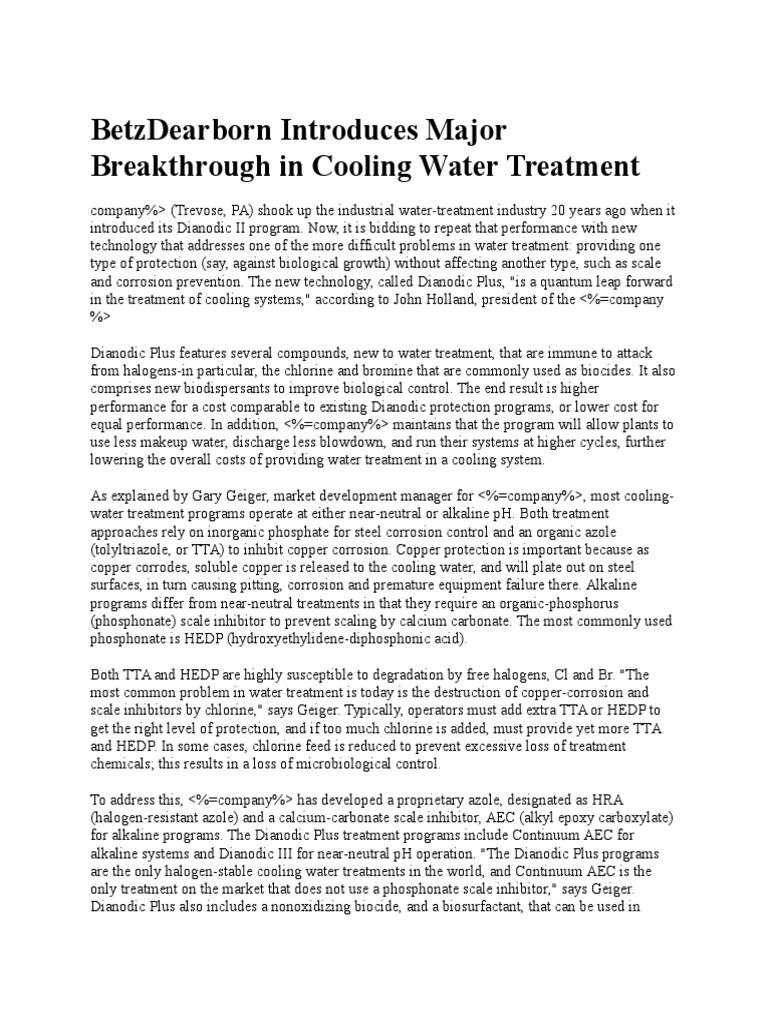 BetzDearborn Introduces Major Breakthrough in Cooling Water Treatment ...