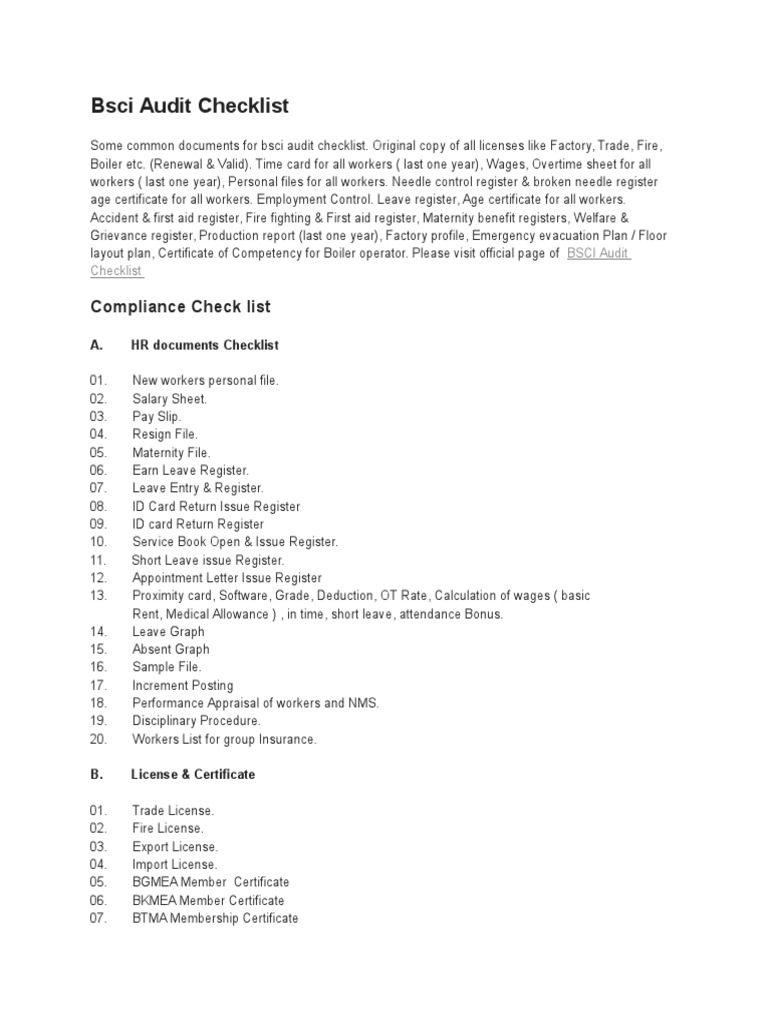 Bsci Audit Checklist | PDF | Personal Protective Equipment ...