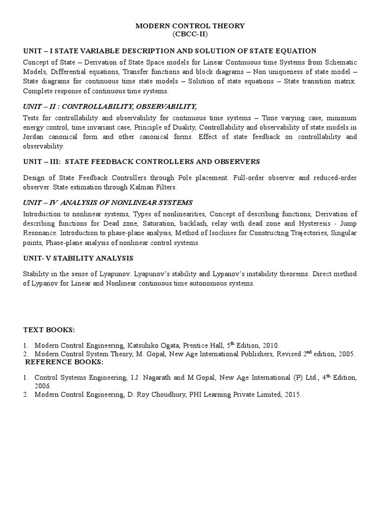 Modern Control Theory Syllabus | PDF | Stability Theory | Control Theory