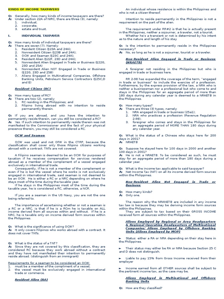 Types of Individual Taxpayers in the Philippines | PDF | Income Tax In ...