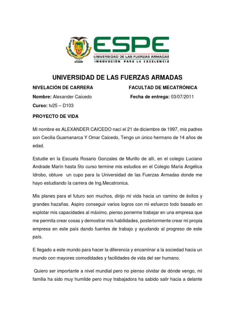 Proyecto de Vida Alexander Caicedo | PDF