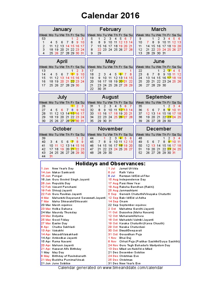 2016 Calendar Printable Pdf