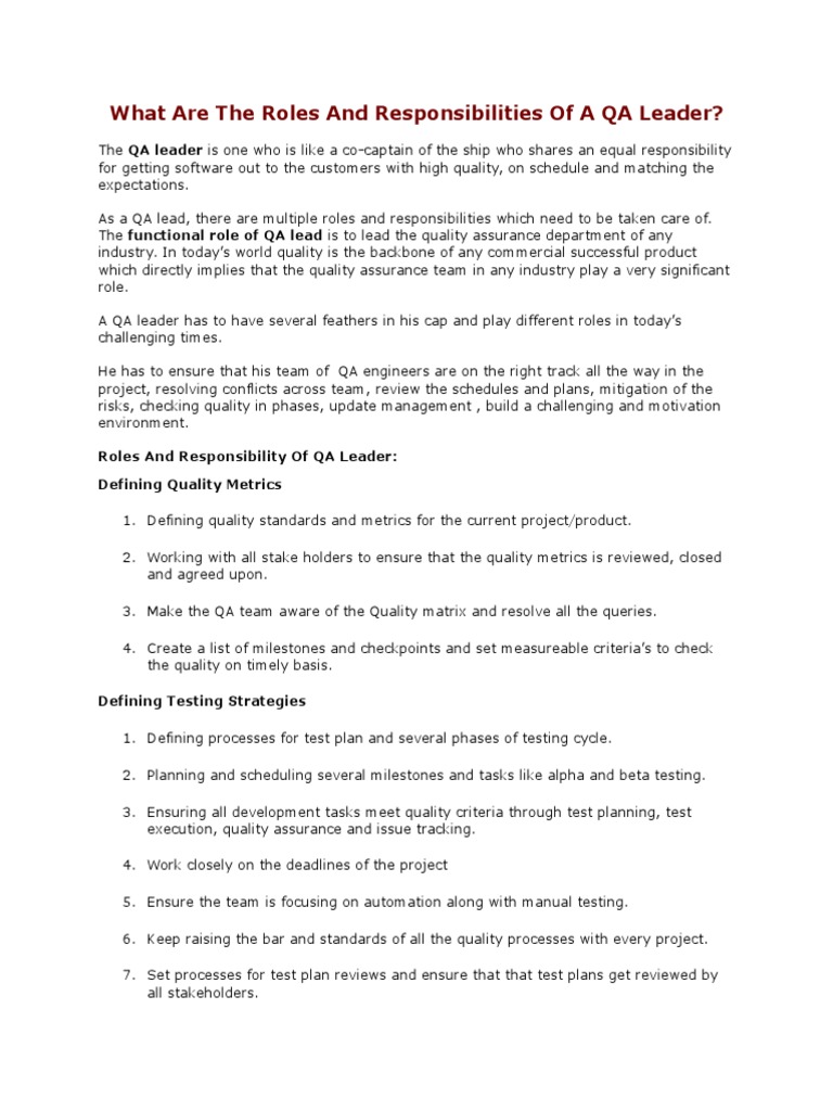 What Are the Roles and Responsibilities of a QA Leader | Quality ...
