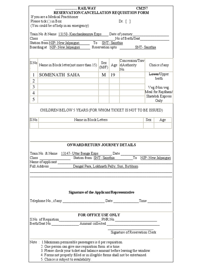 Railway Reservation Form 2024 PDF | PDF | Passenger Rail Transport ...
