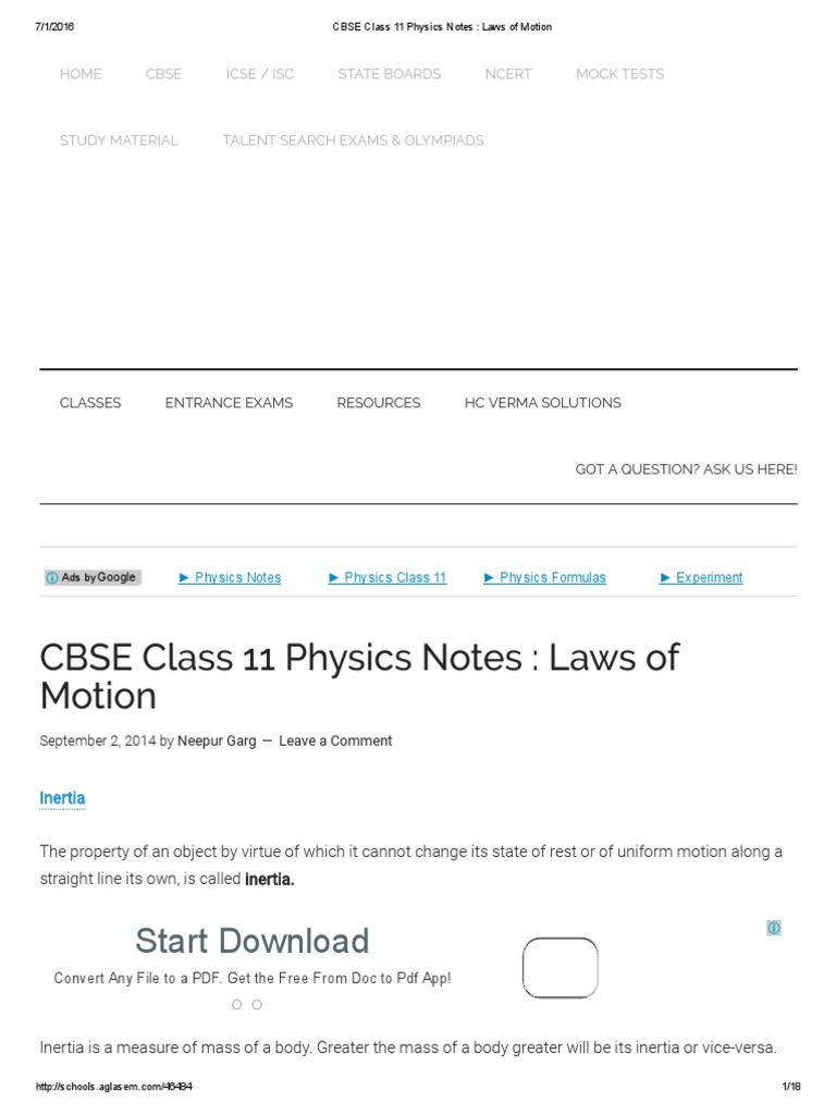 Class 11 Physics: Laws of Motion | PDF | Friction | Force