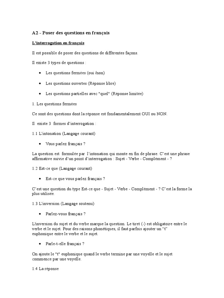 Poser Des Questions en Français | Question | Phrase
