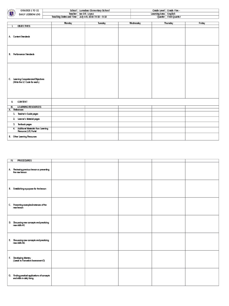 Daily Lesson Log (DO #42 S. 2016) | PDF