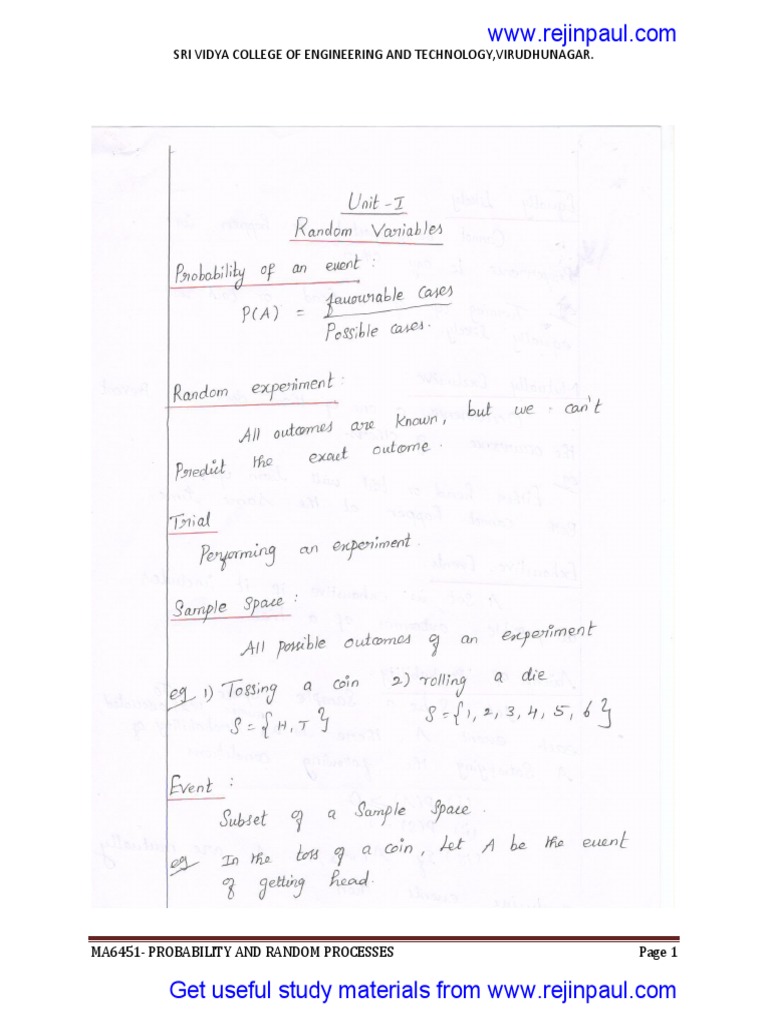 Ma6451 PRP Notes Rejinpaul PDF | PDF | Probability Theory | Numbers