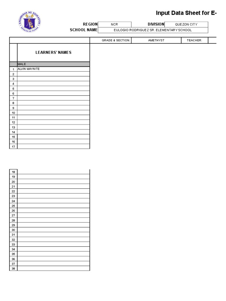 Input Data Sheet For E-Class Record: Region Division School Name | Download Free PDF | Behavior ...
