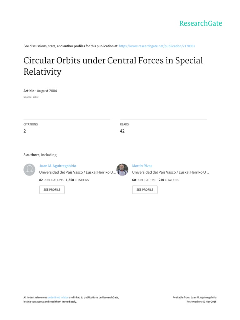 Circular Orbits Under Central Forces in Special Relativity: August 2004 | Download Free PDF ...