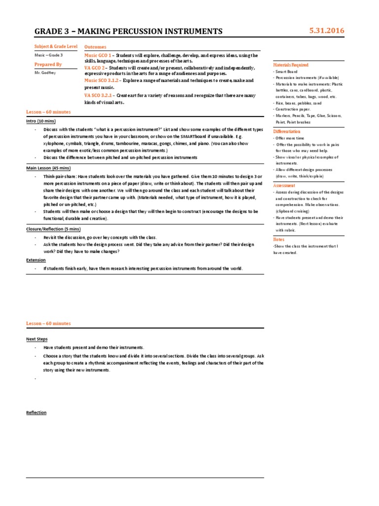 Making Percussion Instruments Lesson Plan | PDF | Musical Instruments ...