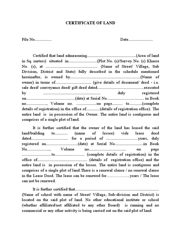 Certificate of Land Ownership and Lease Details for an Educational ...