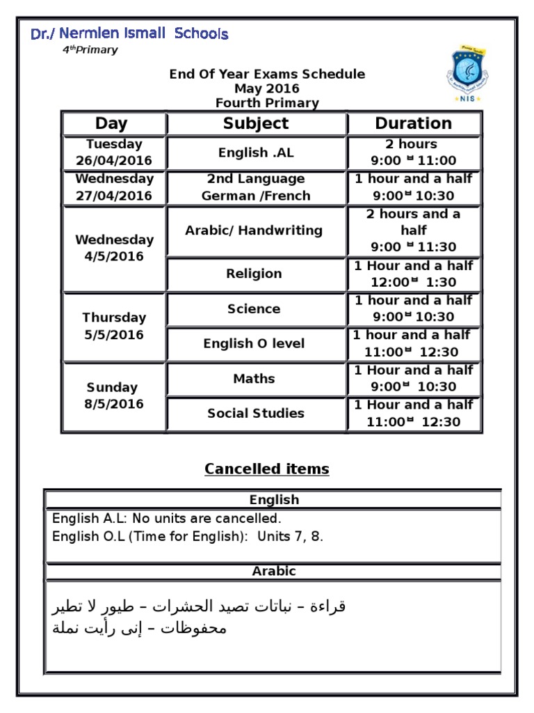 End of Year 4th Prim, 5-2016 | PDF | Language Arts & Discipline | Foreign Language Studies