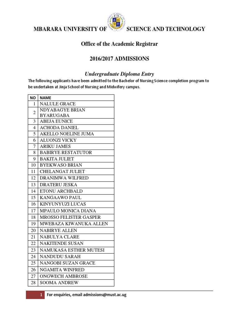 Admission List: Nursing Completion at Jinja School of Nursing and ...